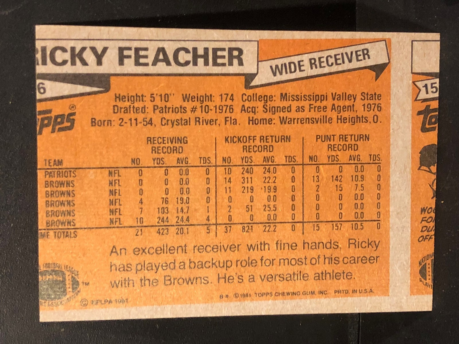Ricky Feacher 1981 Topps Football Error Miscut Card #196 OddBaLL Browns ...