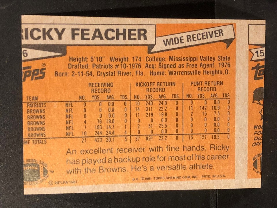 Ricky Feacher 1981 Topps Football Error Miscut Card #196 OddBaLL Browns ...