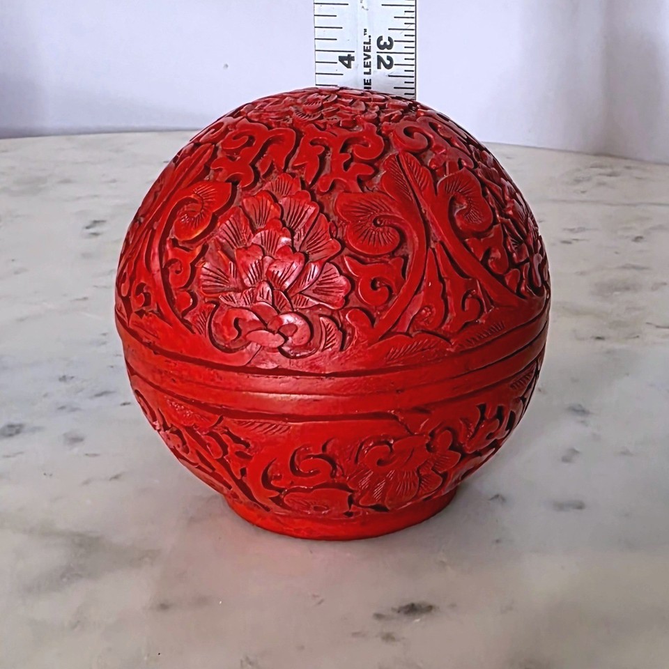 Vtg Red Carved Faux Cinnabar Trinket Box Resin Round Domed Swirl Asian ...