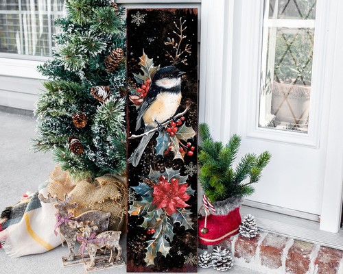 Rustic Chickadee Christmas Porch Sign | 36" Vertical Outdoor Welcome ...