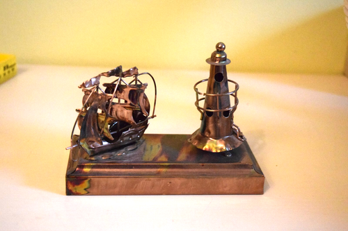 STILL WORKS - VINTAGE COPPER AND TIN MUSIC BOX-SAIL SHIP & ROTATING ...