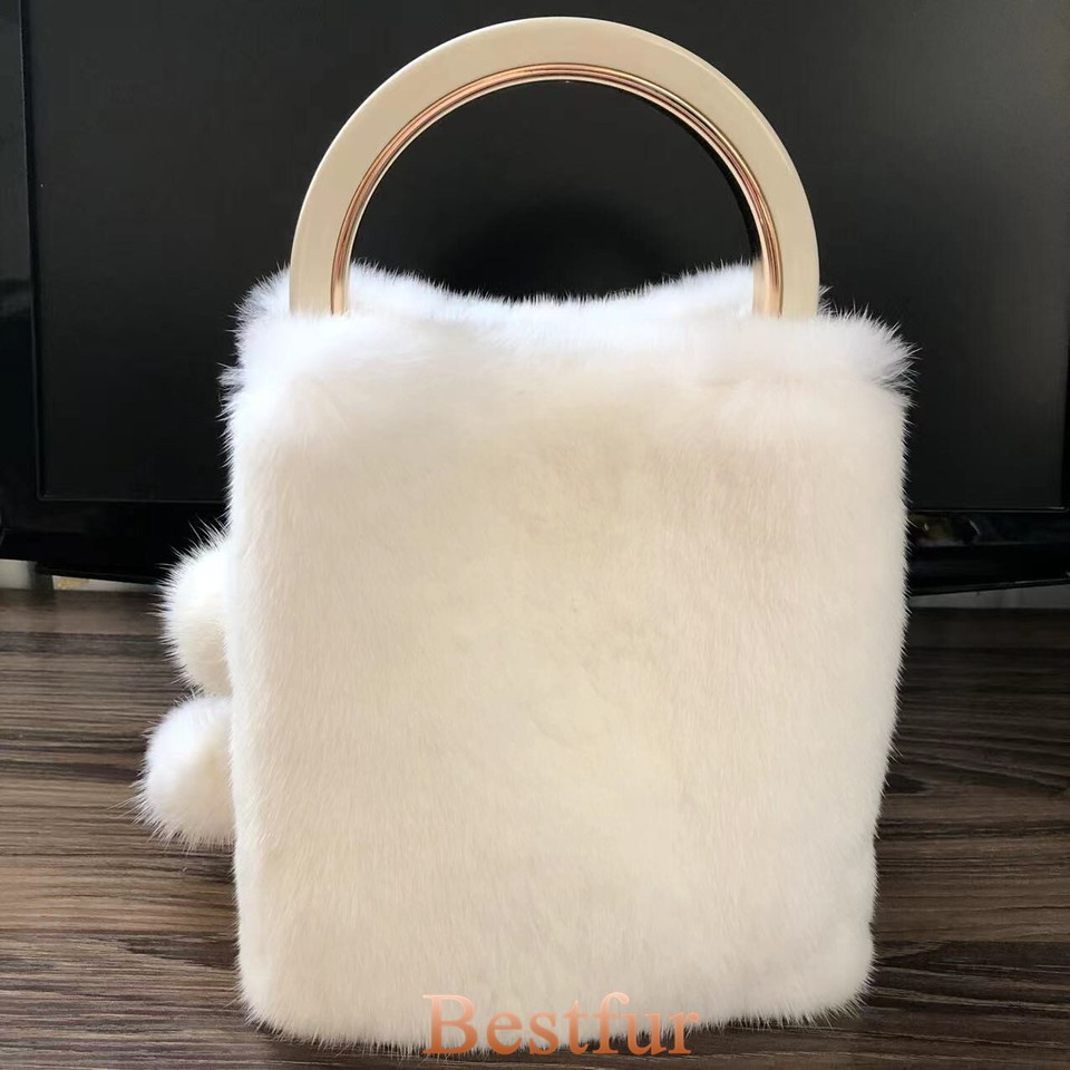 Womens Luxury Real Mink Fur Handbag Bucket Bag Purse Party Bag Tote ...