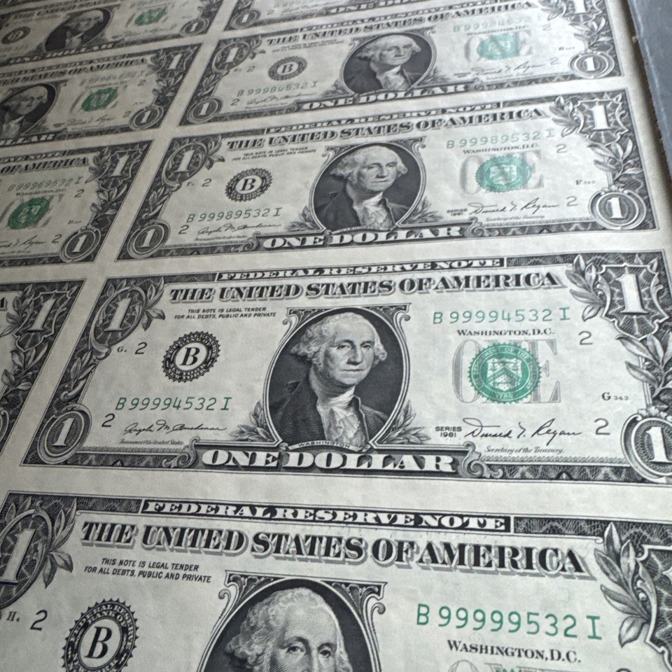 1981 UNCUT CURRENCY SHEET OF 32 ONE DOLLAR NOTES ~ $1 BILLS ~B ...