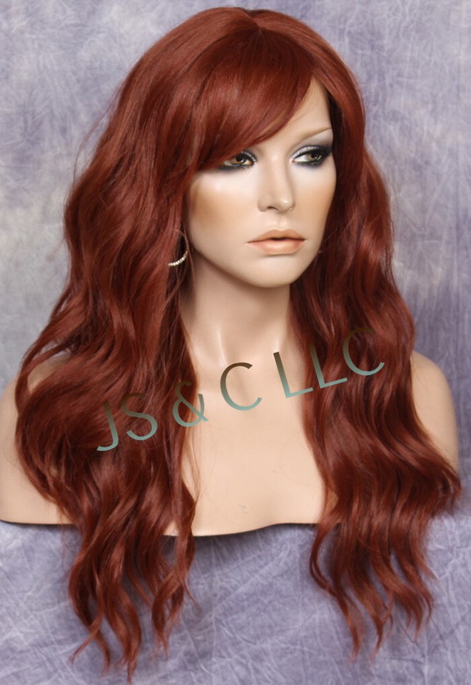 Long Wavy Brownish copper red Human Hair Blend Full Wig Heat OK Bangs ...