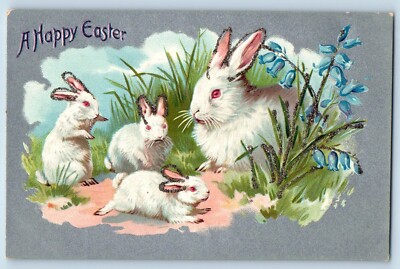 Easter Postcard Bunnies Rabbit Glitter Flowers Embossed Tuck c1910's ...