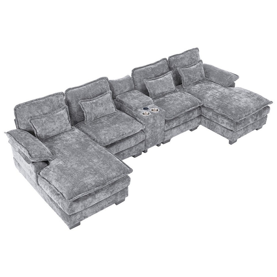 Modern 124" U-Shaped Oversized Sectional Sofa Couch w/Central Console ...