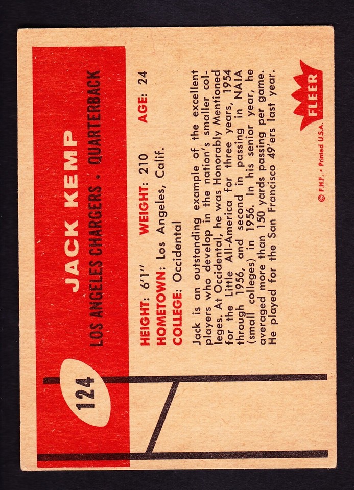 1960 FLEER #124 JACK KEMP CHARGERS ROOKIE | eBay
