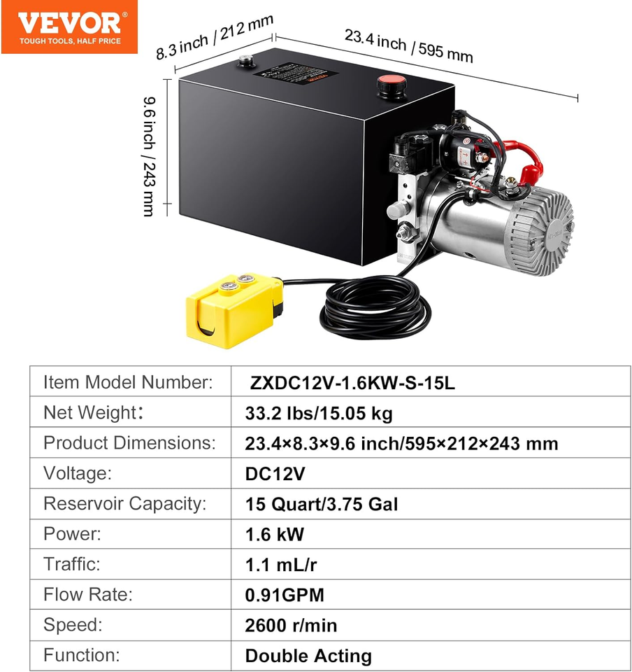 Hydraulic Pump 15 Quart/ 3.9 Gallon Double Acting Metal Reservoir ...