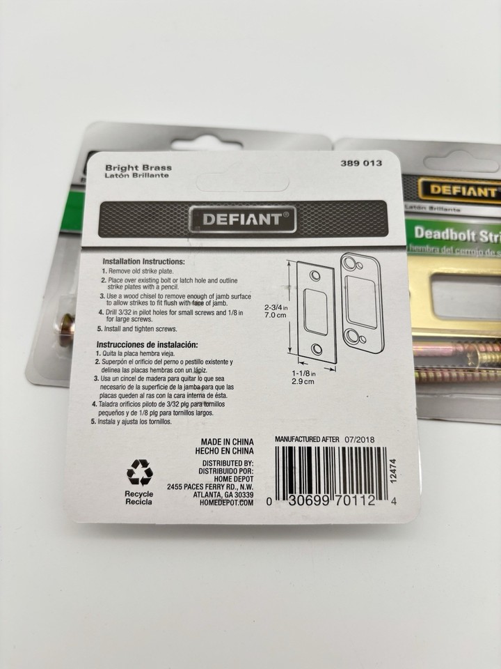 (3 PACK) NEW Defiant Deadbolt Strike Plate 2-3/4" x 1-1/8" Brass ...