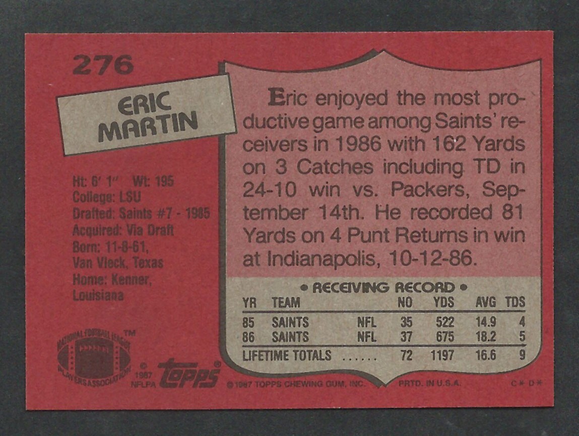 1987 Topps #276 ERIC MARTIN New Orleans Saints ROOKIE CARD - LSU Tigers ...