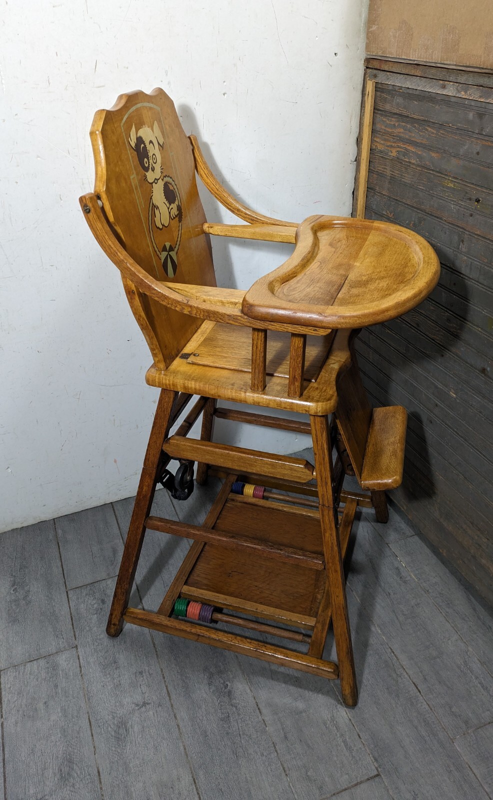 Vintage Wood Convertible Folding Baby High Chair Play Activity Desk ...