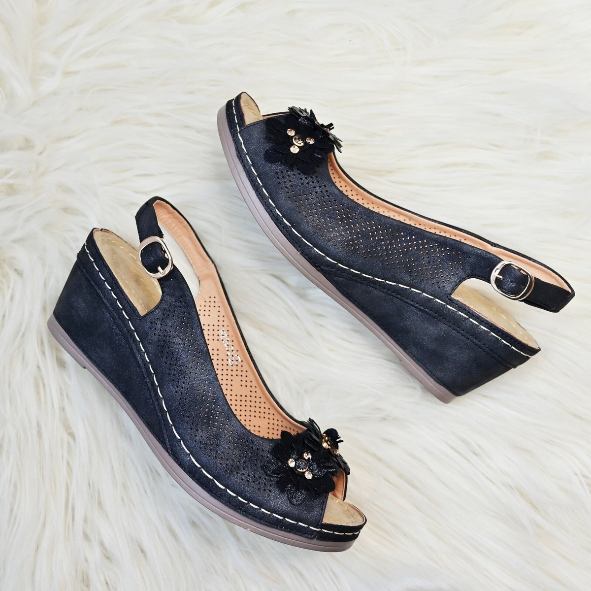 Womens Low Heel wedges Flower Slingback Sandals Shoes Floral Womens Low Heel wedges Flower Slingback Sandals Shoes Floral