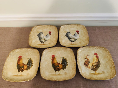 222 Fifth Rustic Rooster Salad Plates 8 5/8" Square-Set of 5 Farmhouse ...