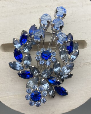 Vendome VTG 1960s Layered Floral Shades Of Blue RHINESTONE Brooch Pin 2 ...