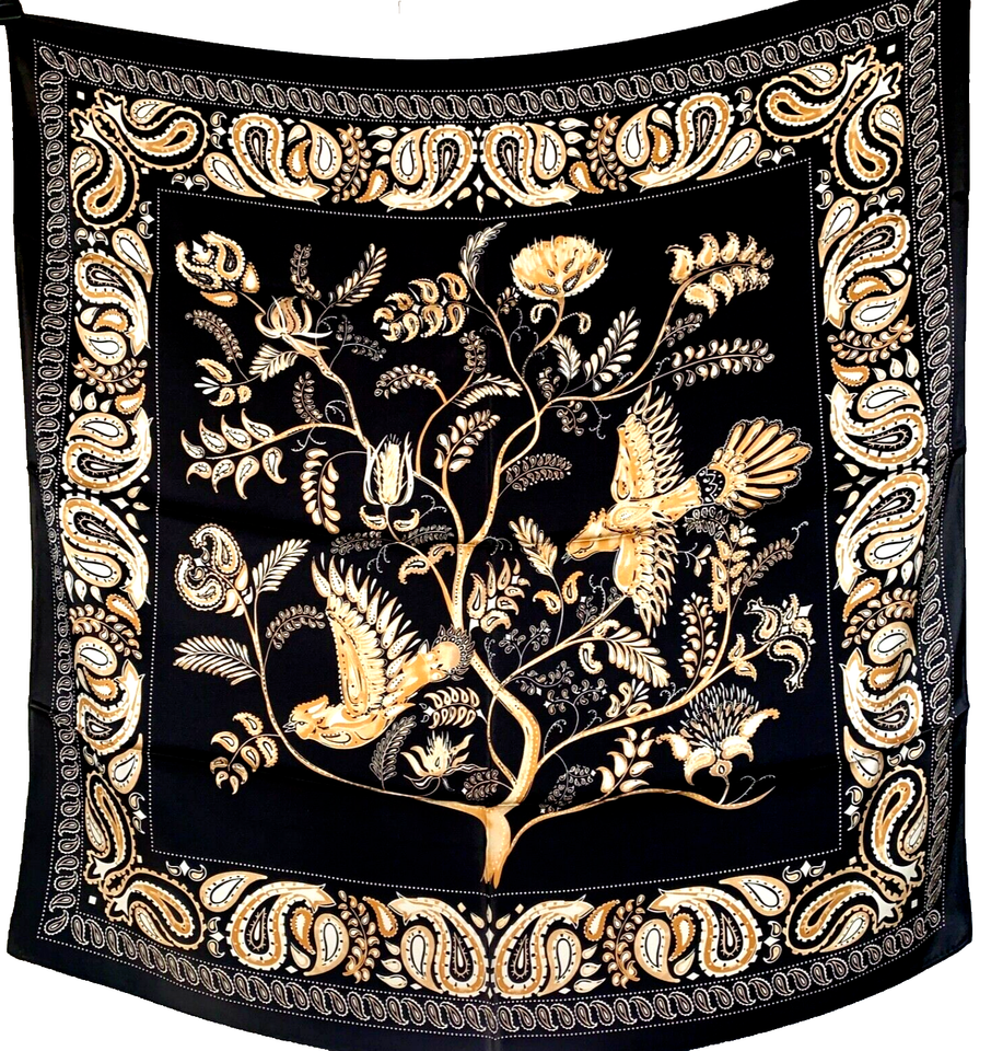 35"x35"Black Bird & Tree Print Pure Mulberry Satin Silk 14momme ...