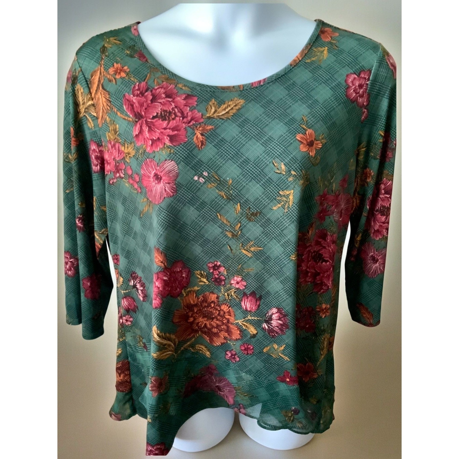 Roz and Ali Womens Floral Plaid Print Top Green Polyester Quarter ...