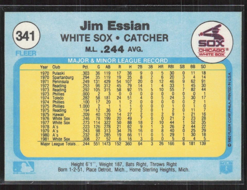 1982 Fleer #341 Jim Essian Chicago White Sox | eBay