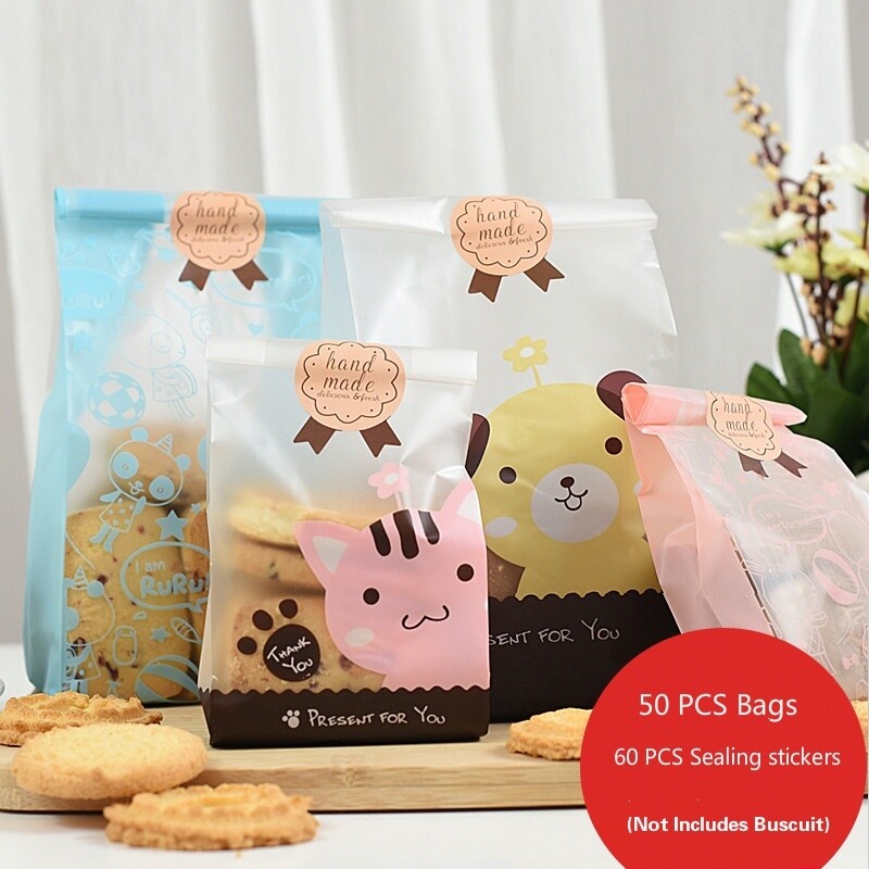 50 x Biscuit Bread Bags with Stickers Self-sealing Bag for Candy Baking ...