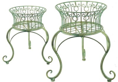 Set/2 Green Verdigris Wrought Iron metal garden Basket Plant stands ...