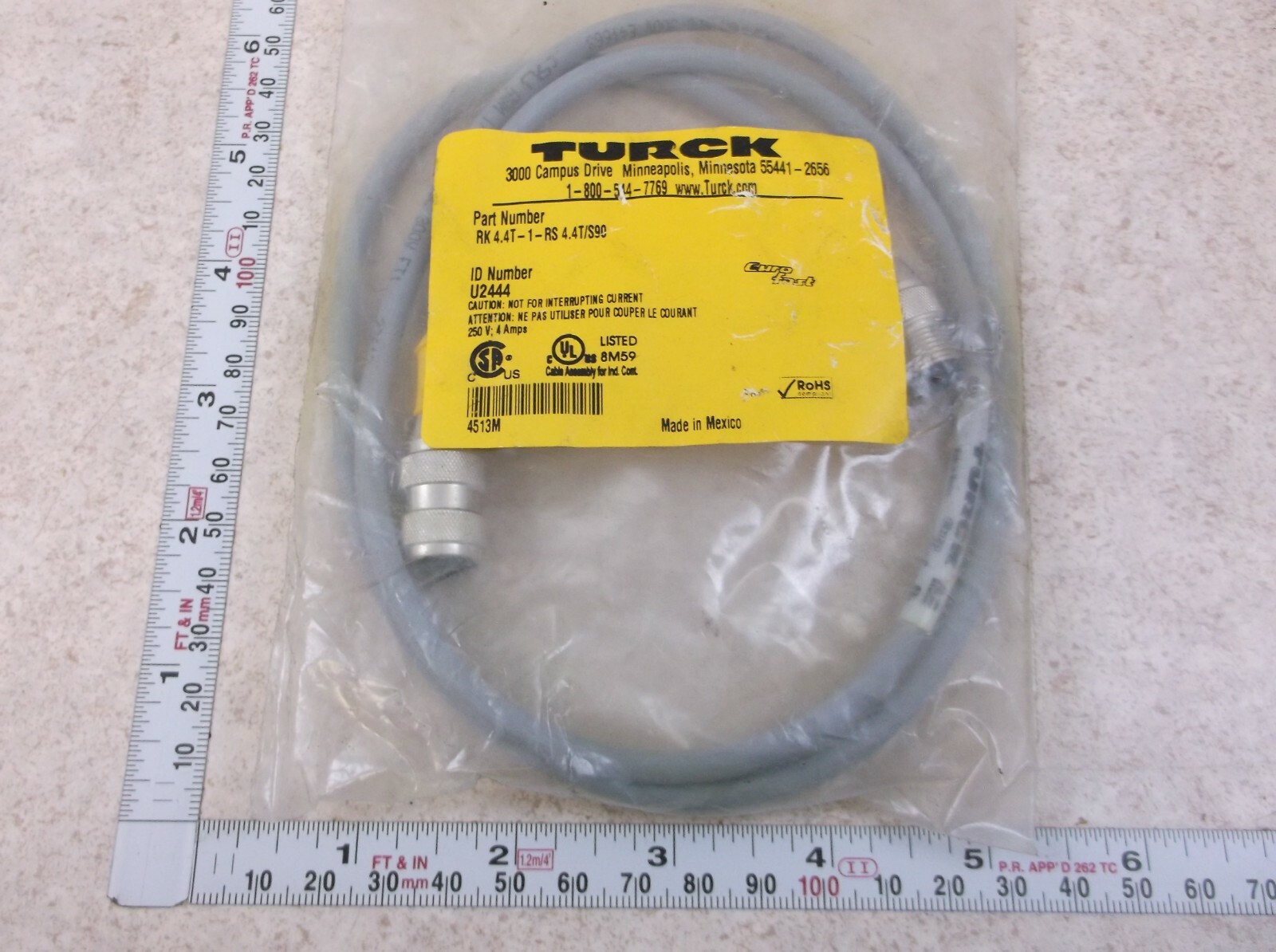 TURCK, RK 4.4T-1-RS 4.4T/S90, M12, STRAIGHT MALE/FEMALE CONNECTOR, 4 ...