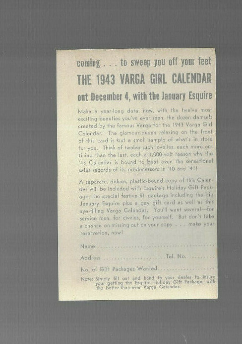 VINTAGE JULY 1943 VARGA PINUP CALENDAR COUPON for MAILING of ESQUIRE ...