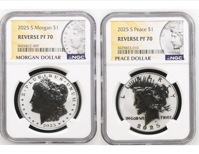 2025-S Reverse Proof Morgan & Peace Silver Dollar Set - NGC RP 70 - In ...