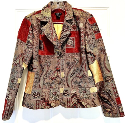 ELCC Gold Burgundy Green Floral Tapestry Blazer Jacket Size Small | eBay