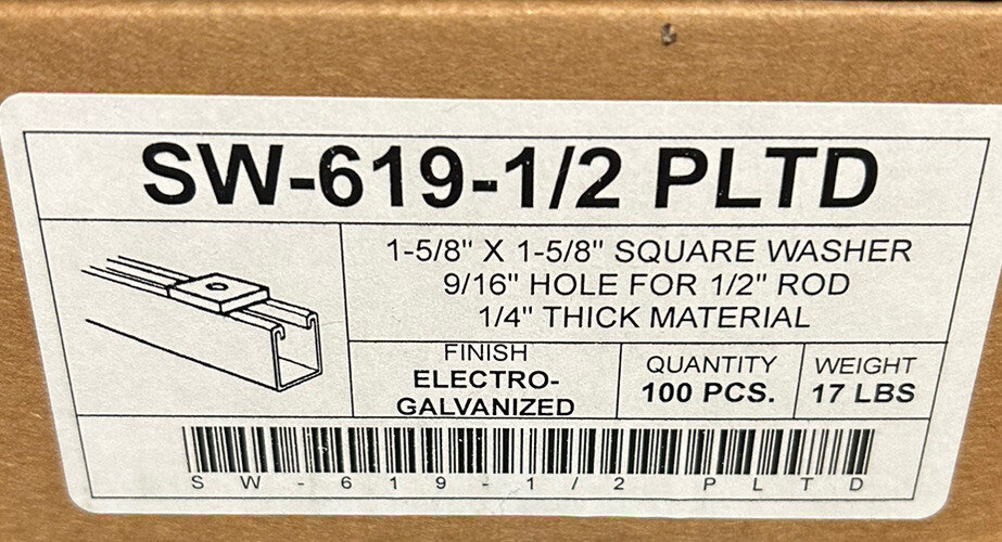 New 1/2" x 1-5/8" Square Strut Washers for Unistrut Strut Heavy Duty 10 ...