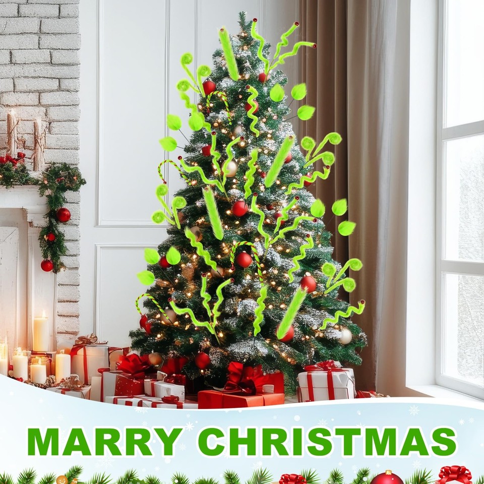 24 Pcs Lime Green Furry Christmas Tree Picks 17 Inch Christmas Tree ...