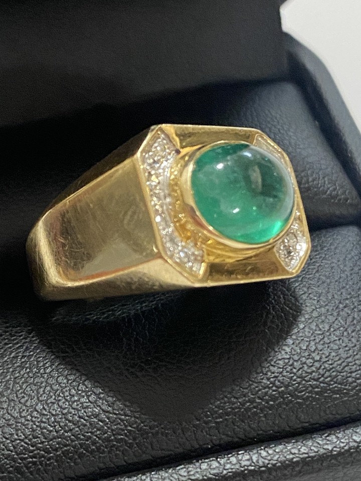Vintage 14K 585 Men’s Emerald Cabochon Diamond Ring | eBay