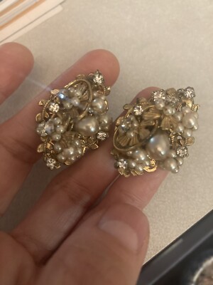 Miriam Haskell design signed Robert earrings clip pearl rhinestone ...