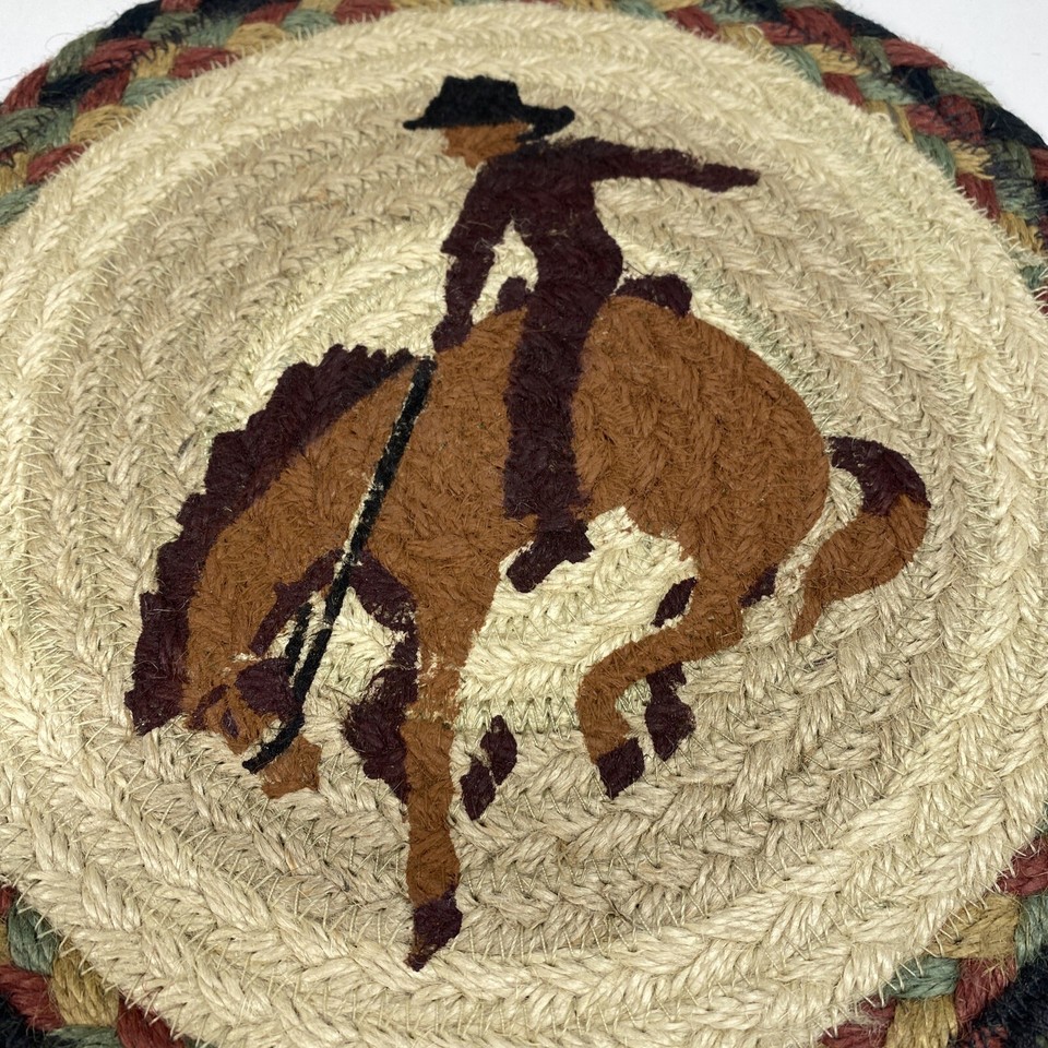 Earth Rugs Natural Jute Fiber Round Trivet Bucking Bronco Rodeo 10x10 ...