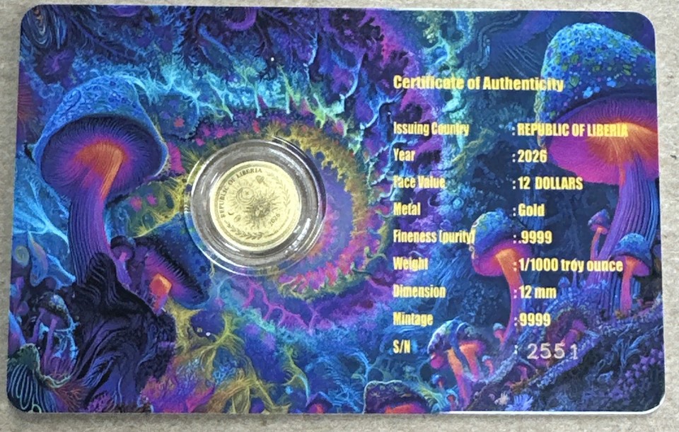 2026 Liberia Magic Mushroom 1/1000 oz .9999 Gold Coin in Card | eBay