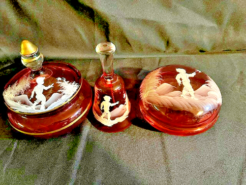 REDUCED 3-BOHEMIAN ART GLASS-MARY GREGORY-CRANBERRY CANDY DISH,BELL ...