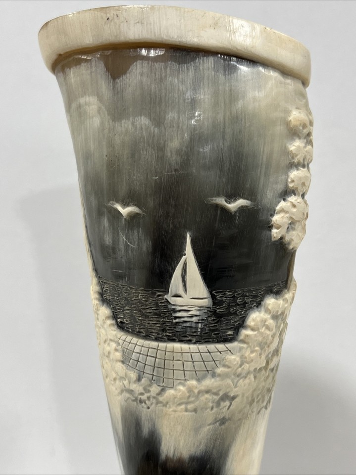 POWDER HORN DISPLAY CARVED POWDER HORN SCRIMSHAW FOLK ART SAILING ...