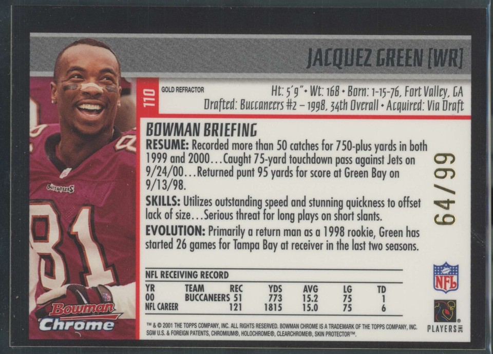2001 Bowman Chrome Gold Refractor /99 Jacquez Green #110 Buccaneers NFL ...