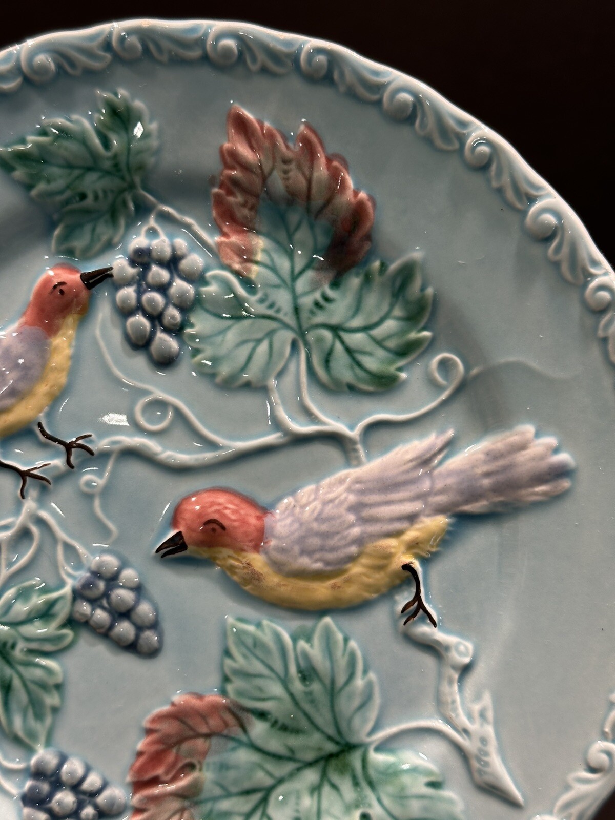 Antique 1900's Western Germany Turquoise Majolica Birds and Grapes ...