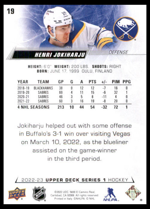 2022 Upper Deck #19 Henri Jokiharju Buffalo Sabres Hockey Card | eBay