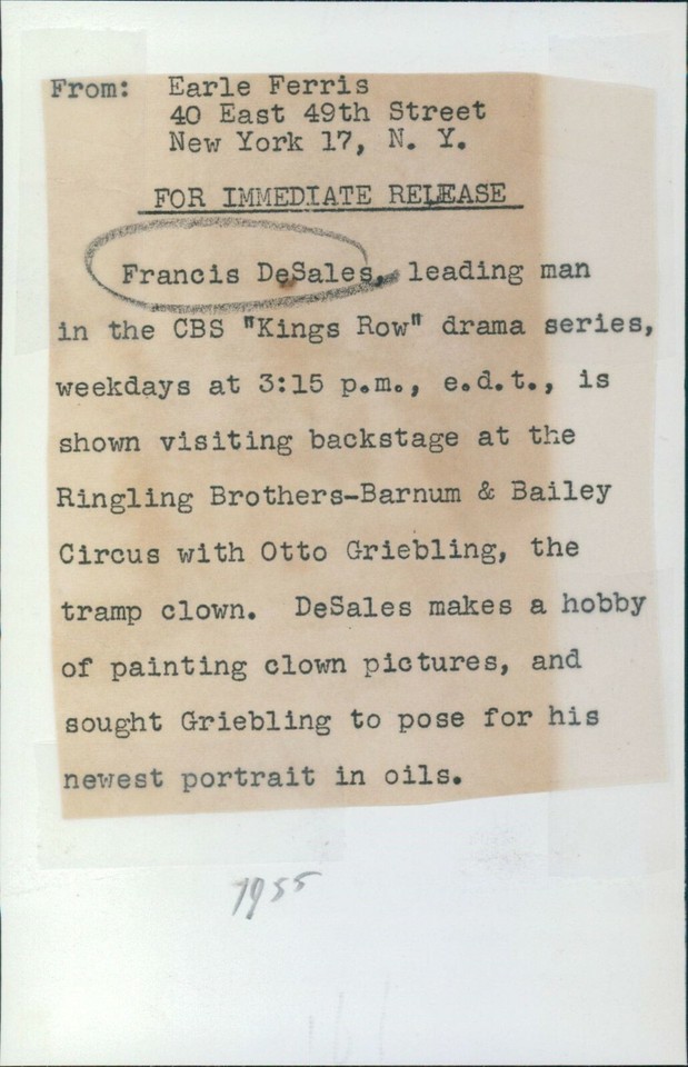 1955 Press Photo Ringling Bros Circus Clown Otto Griebling actor ...