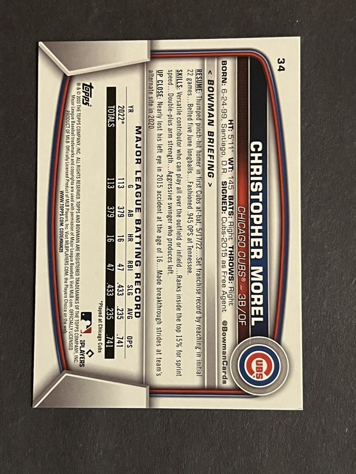 Christopher Morel 2023 Bowman #34 Rookie Chicago Cubs Rays FREE ...