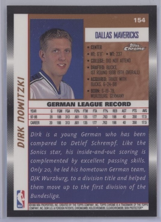 DIRK NOWITZKI 1998-99 Topps Chrome ROOKIE CARD RC Mavericks #154 | eBay