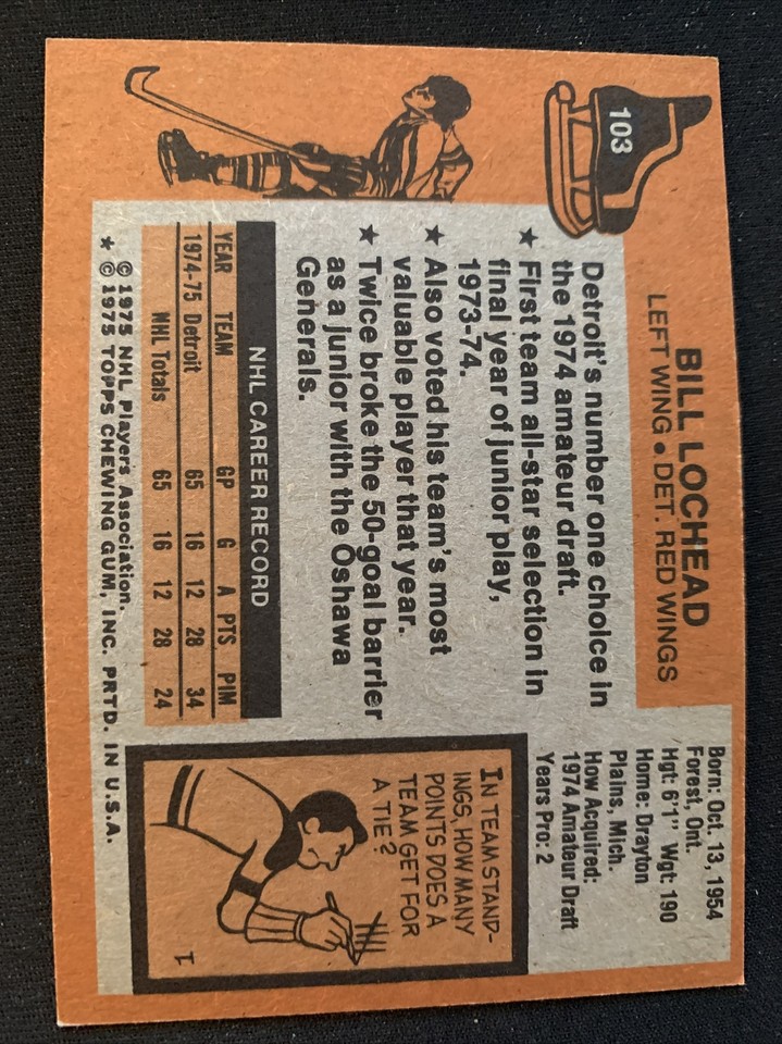 1975 Topps Hockey Card #103 Bill Lochead Detroit Red Wings Nm Free ...