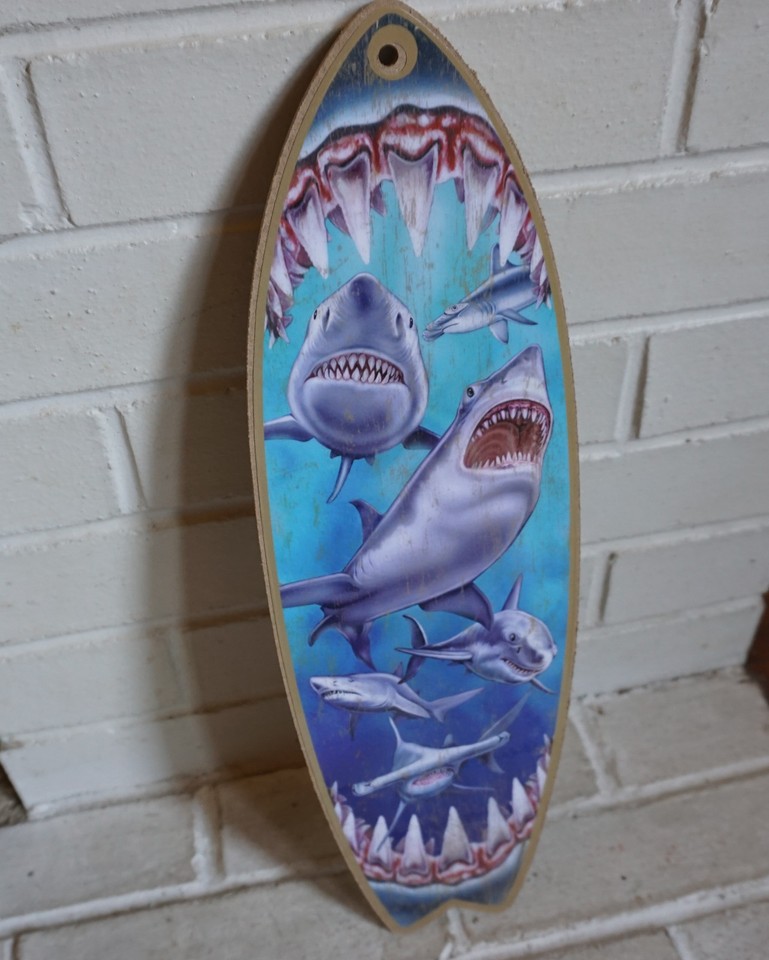 GREAT WHITE SHARK TEETH BITE SURFBOARD SIGN Beach Surfing Surfer Home ...