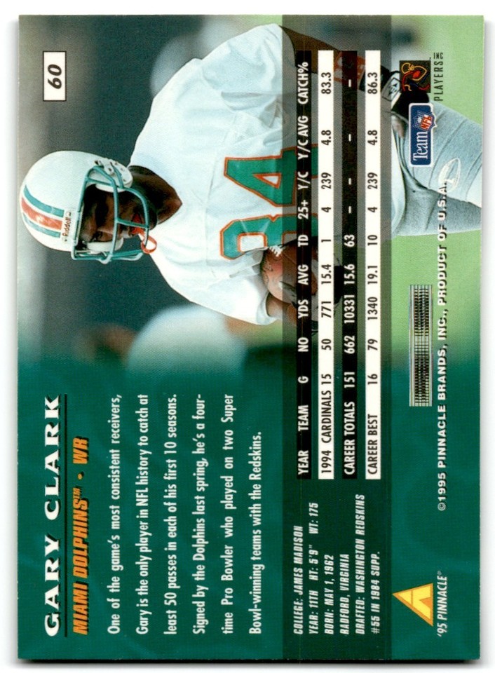 1995 Pinnacle Gary Clark Miami Dolphins #60 | eBay