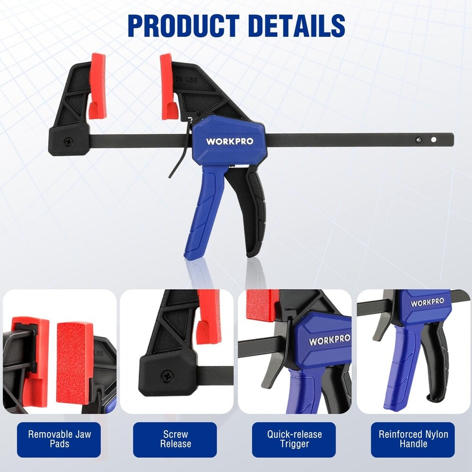 WORKPRO 4PC 6" Mini Bar Clamps One-Handed Clamp/Spreader Wood Clamp Set ...