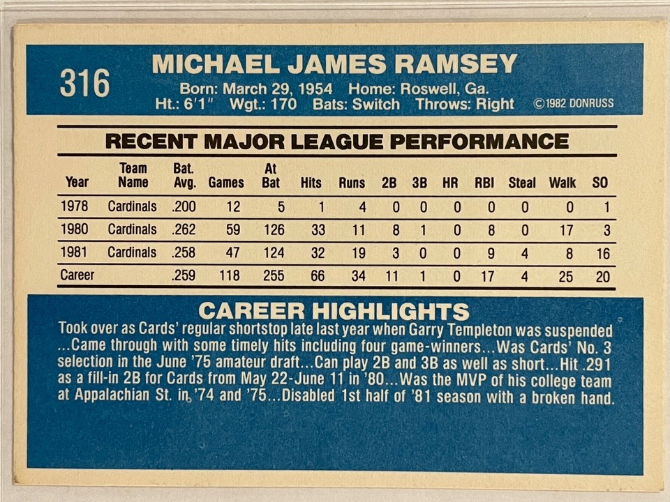 1982 Donruss Mike Ramsey #316 Baseball St. Louis Cardinals | eBay