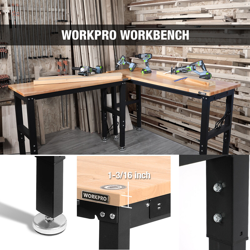 WORKPRO 48" Heavy-Duty Adjustable Workbench Rubber Wood Workstation ...