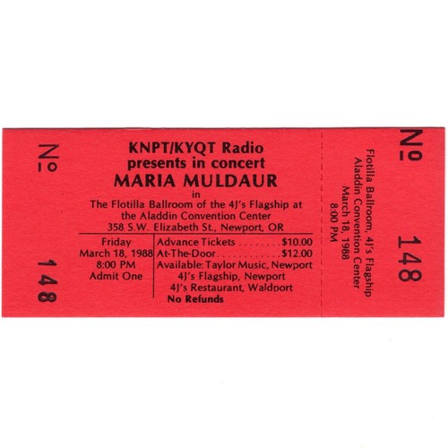 MARIA MULDAUR Concert Ticket Stub NEWPORT OR 3/18/88 MIDNIGHT AT THE ...