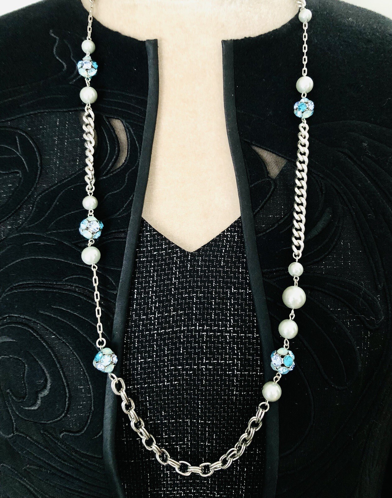 VTG Long Curb Chain Station Necklace Multi Strand Blue Rhinestone Faux ...