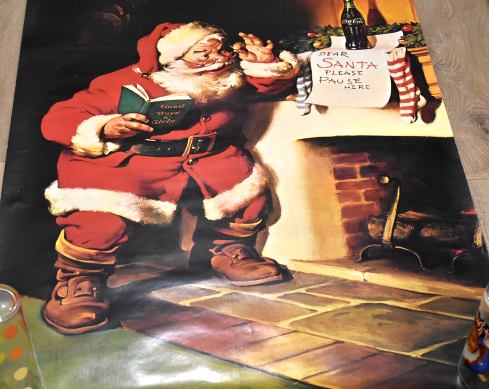Vintage Season's Greetings Coca Cola Santa Claus Store Display Poster 27" x 49" | eBay